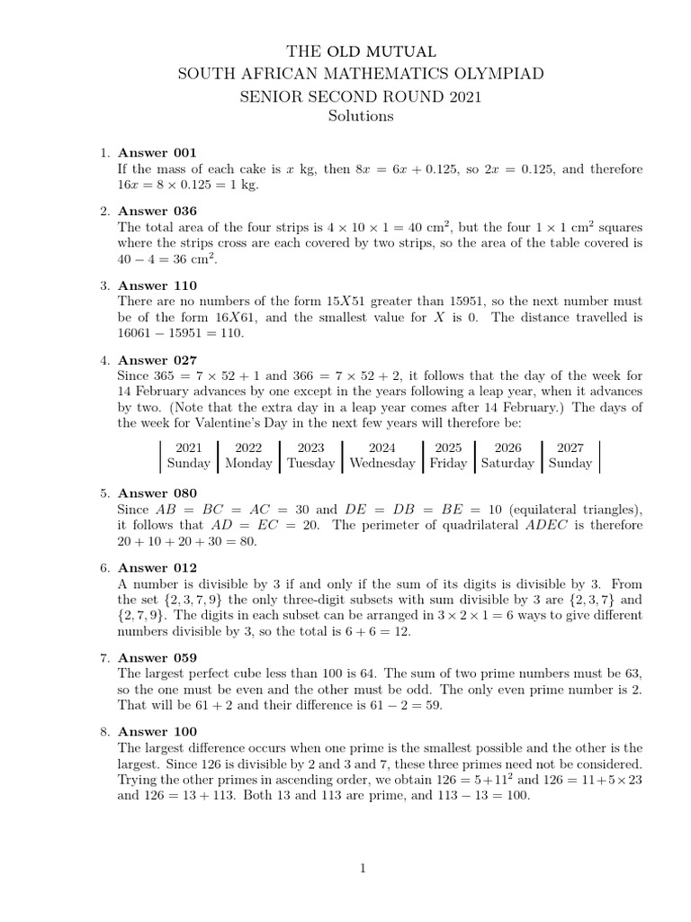 2021 SA Math Olympiad Solutions | PDF