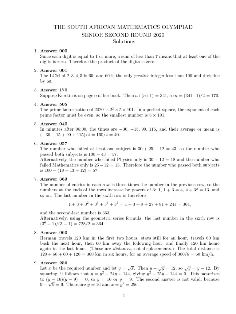 The South African Mathematics Olympiad Senior Second Round 2020 ...
