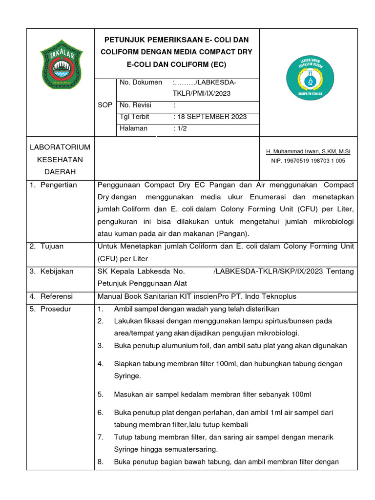 SOP Petunjuk Pemeriksaan E - Coli Dan Coliform | PDF