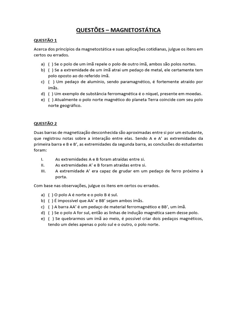 Magnetostática - Exercícios | PDF | Ímã | Magnetismo