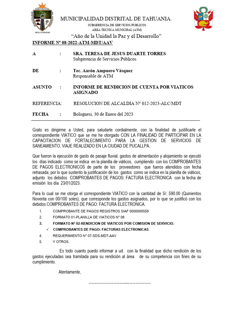 Informe N 08 Rendicion de Viaticos Asignados 2023 | PDF