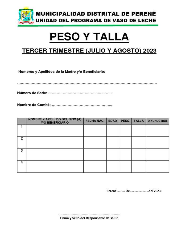 FORMATO DE PESO Y TALLA JULIO Y AGOSTO Entrega | PDF