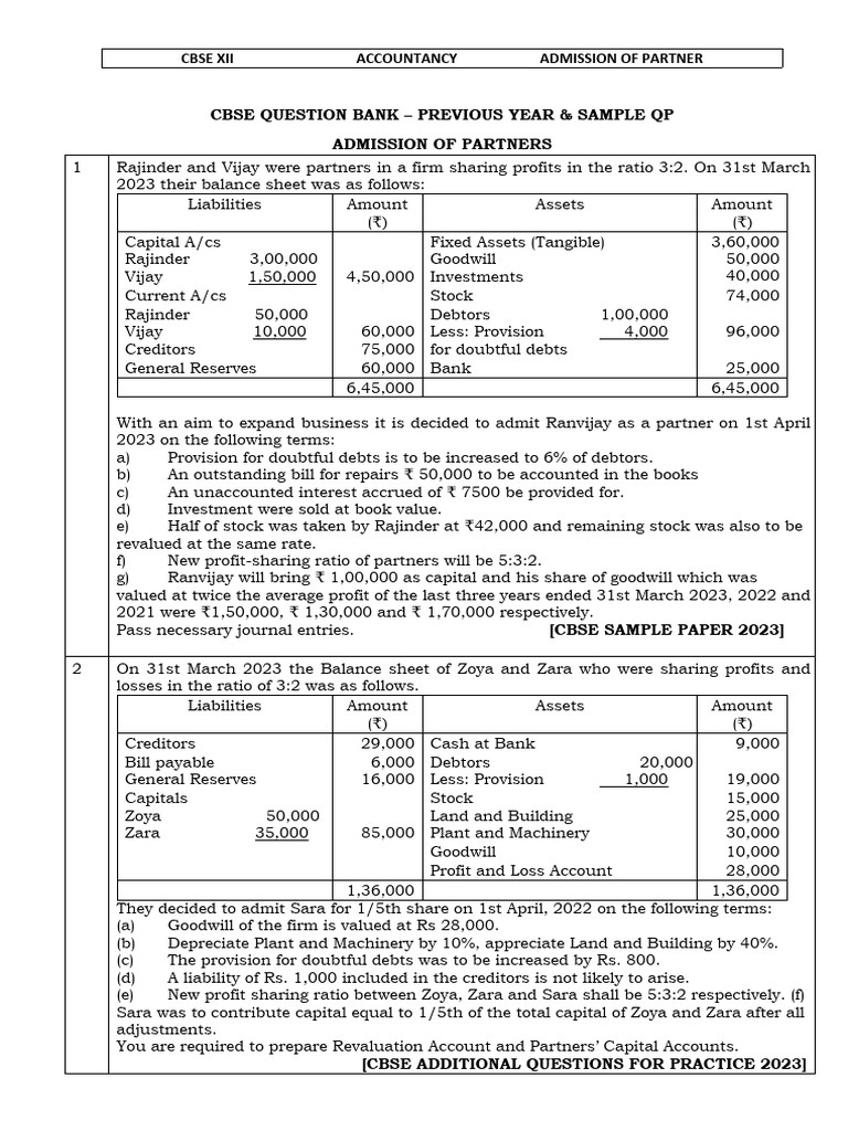 Cbse Question Bank Admission of Partners | PDF | Balance Sheet | Investing