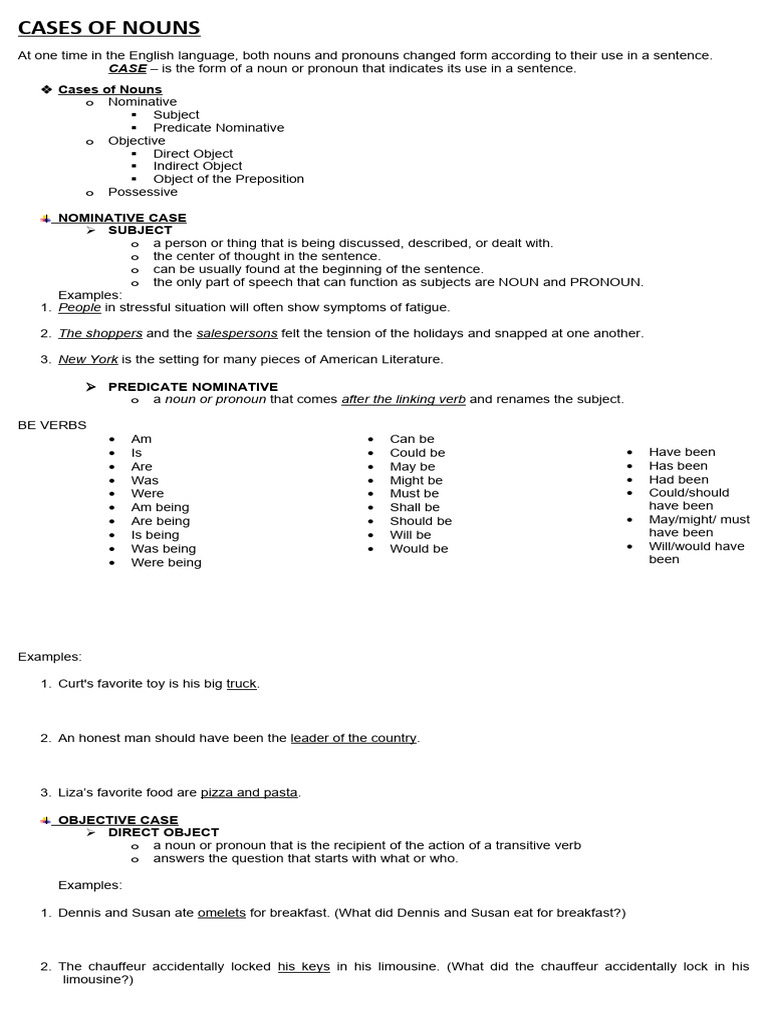 CASES OF NOUNS Notes | PDF | Subject (Grammar) | Verb