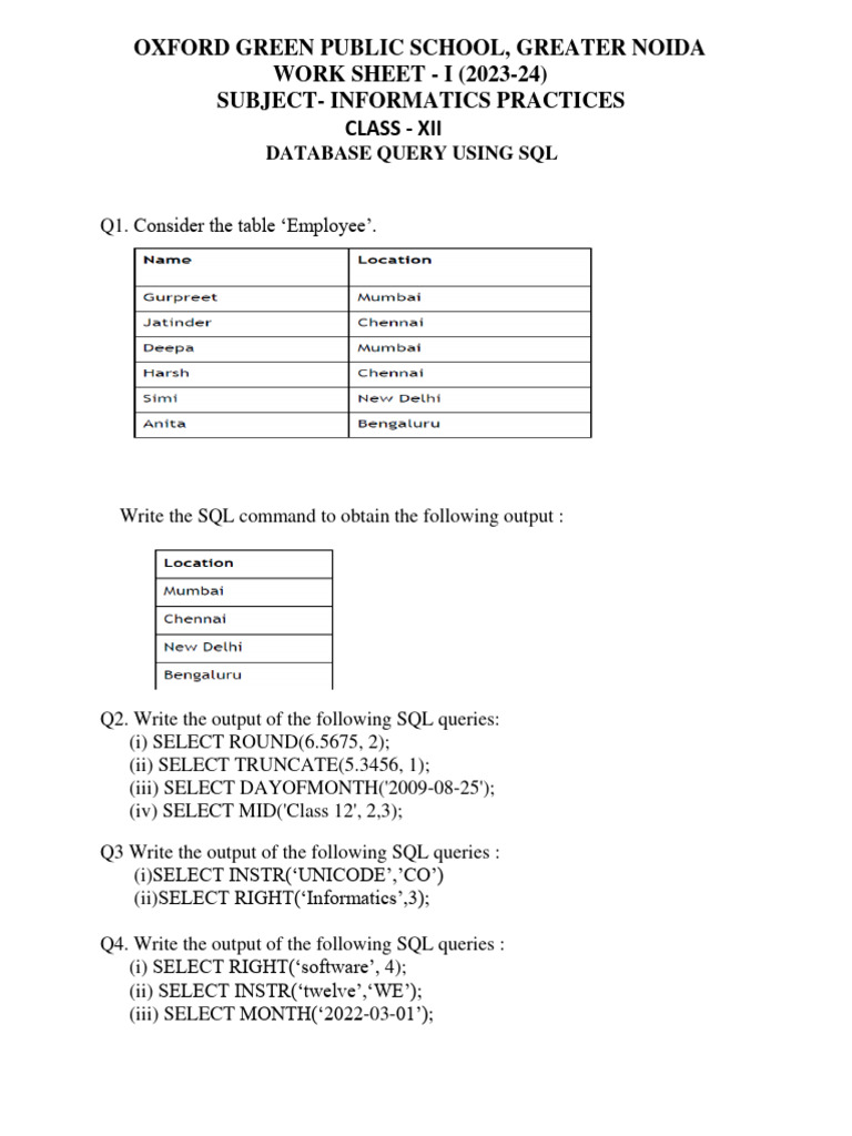 My SQL Class Work Sheet .1 | PDF