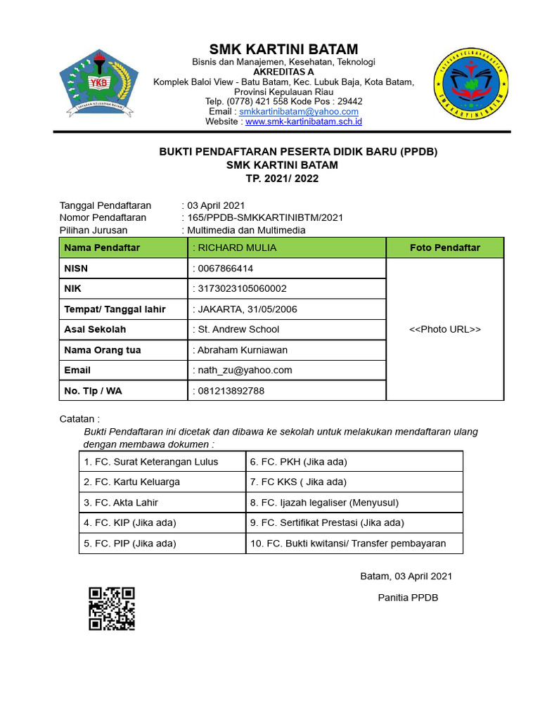 PPDB SMK Kartini Batam 2021/2022 | PDF