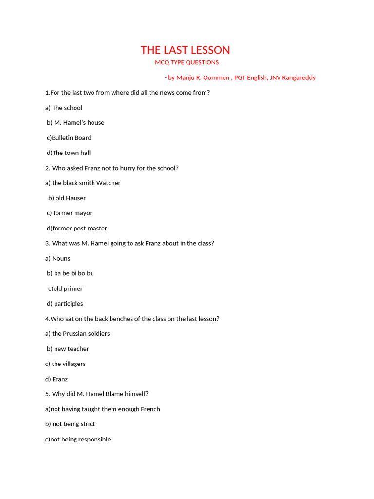 CLASS XII ENGLISH 1PROSE CH 1 The Last Lesson MCQ Type Questions | PDF