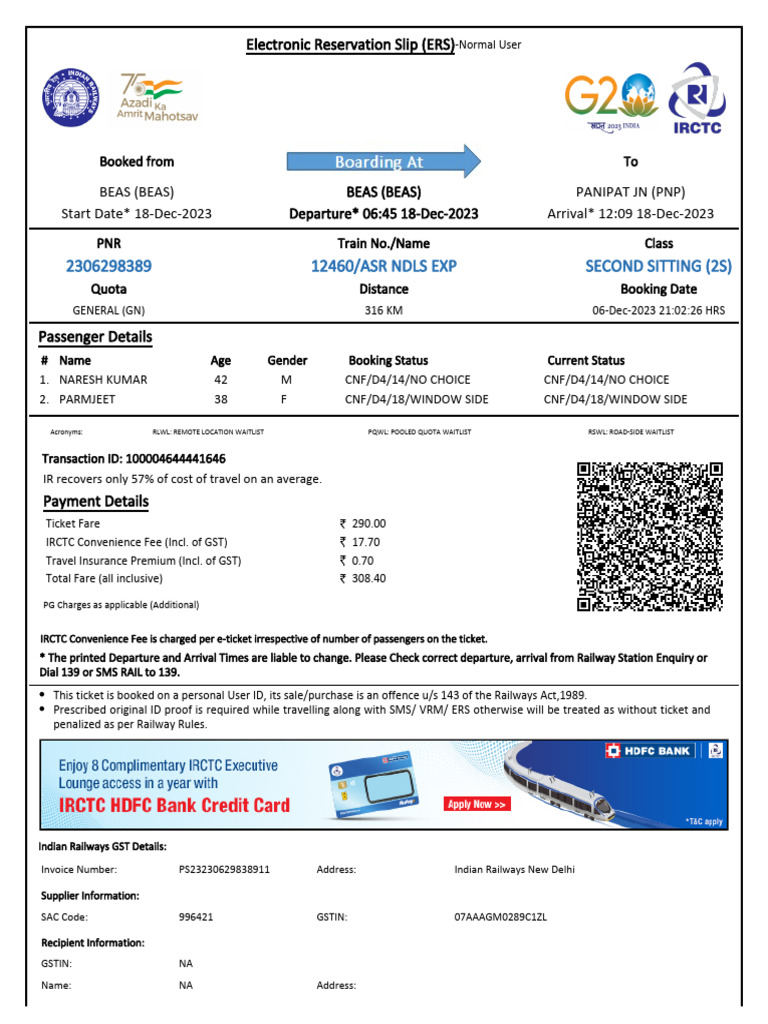 12460/ASR NDLS EXP Second Sitting (2S) | PDF