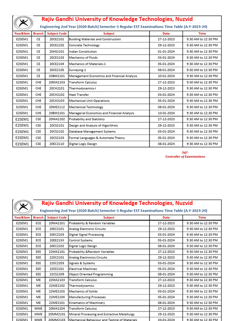 2023-24 Engineering 2nd Year Exam Schedule | PDF | Electronic ...