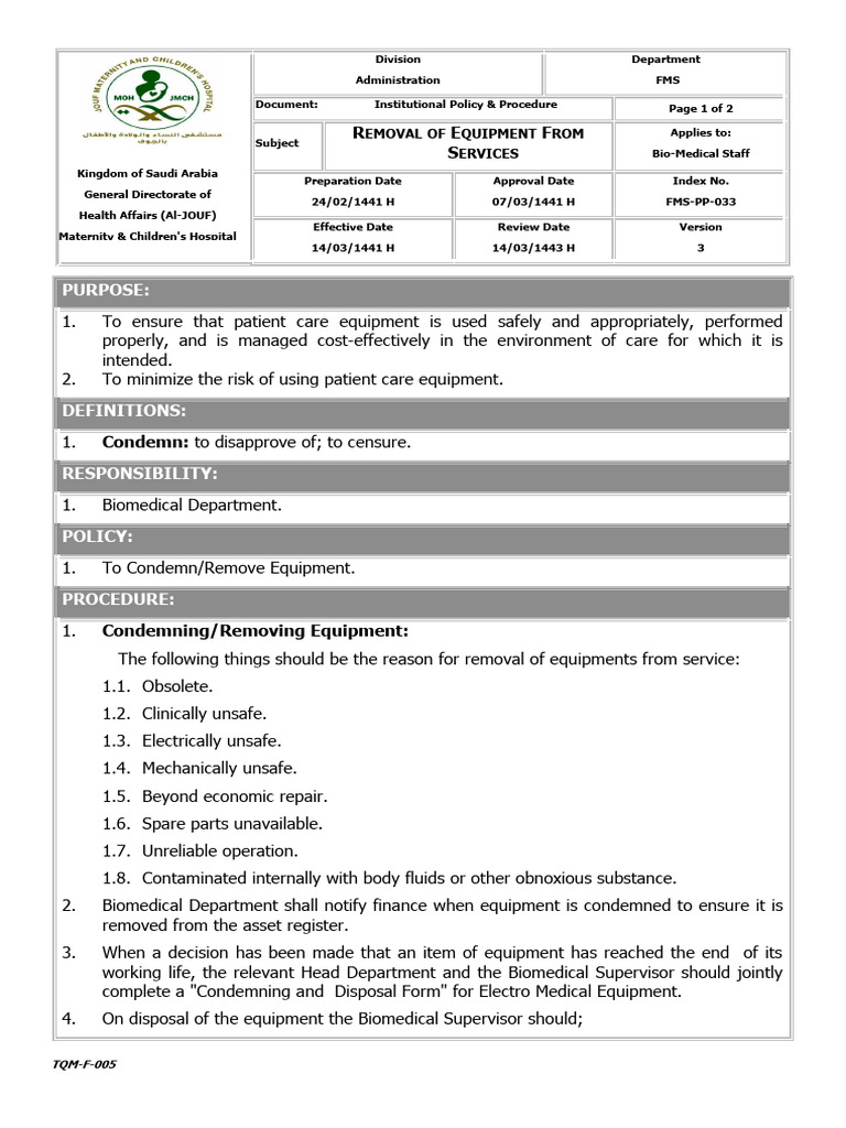 Fms-Pp-Removal of Equipment From Services | PDF | Health Care | Service ...
