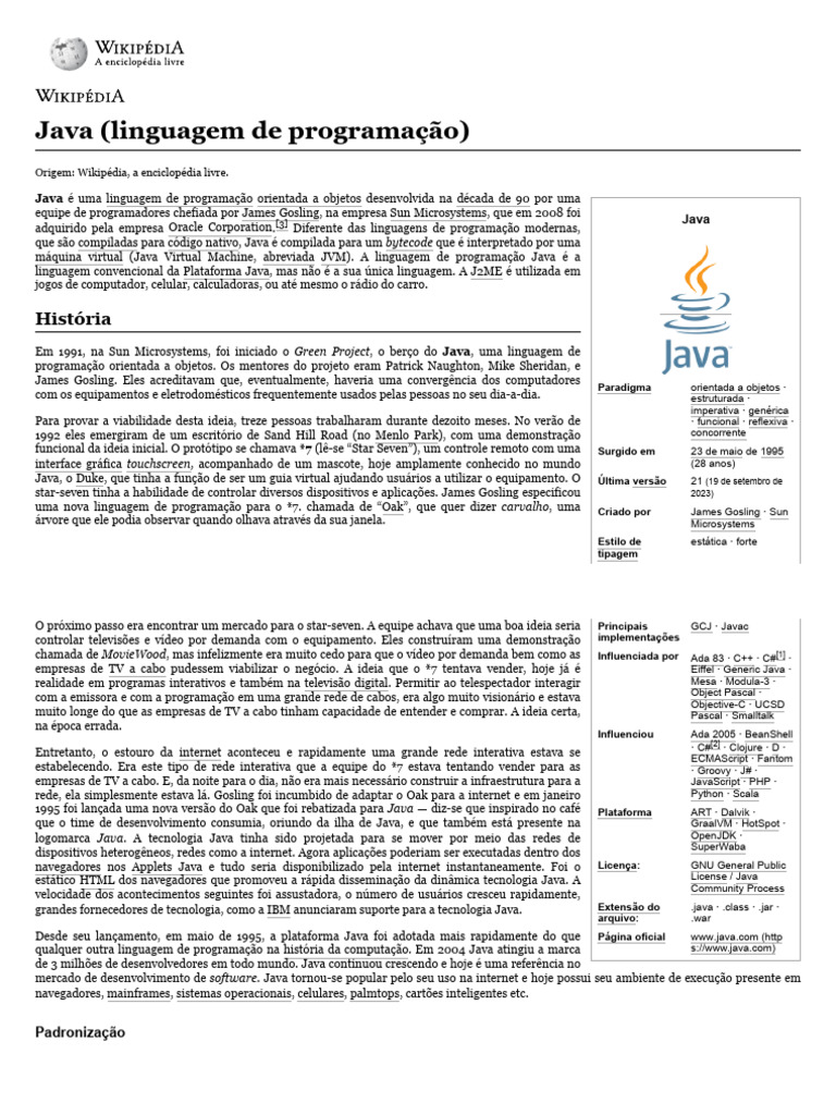 Java (Linguagem de Programação) - Wikipédia, A Enciclopédia Livre | PDF ...