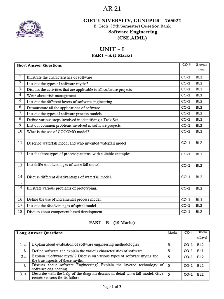 Software Engineering Question Bank for B.Tech | PDF