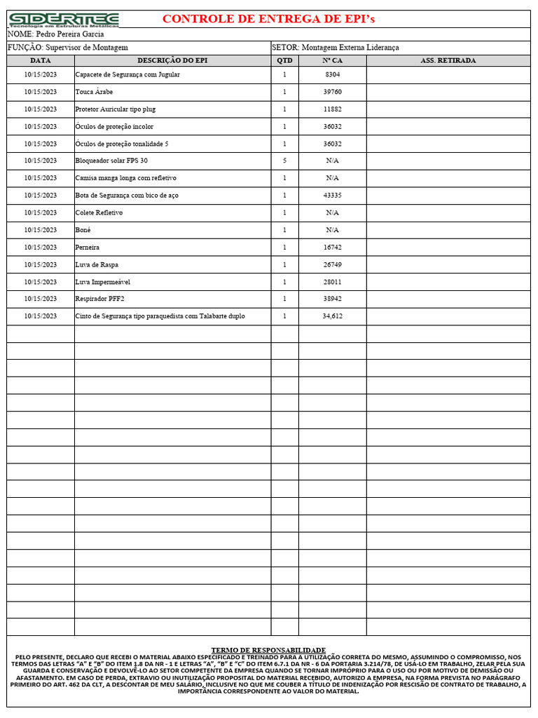 Controle de Entrega de EPI´s | PDF
