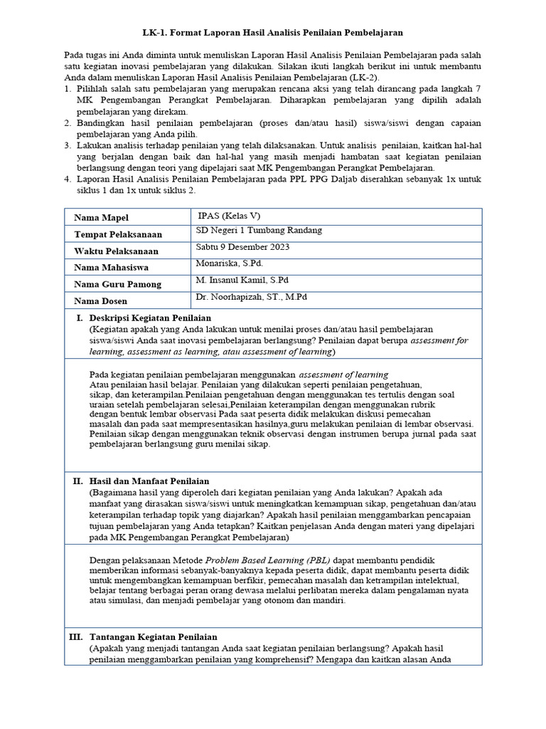 Format Hasil Asesmen Pembelajaran | PDF