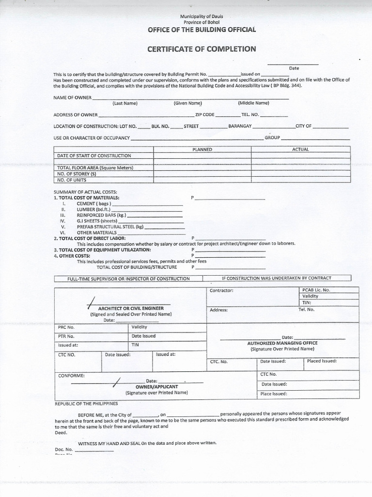 Certificate of Completion Form (Civil Engineer) (1) | PDF
