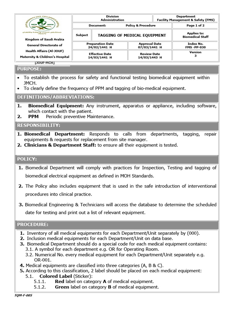 Tagging Policy for Biomedical Equipment | PDF | Biomedical Engineering ...