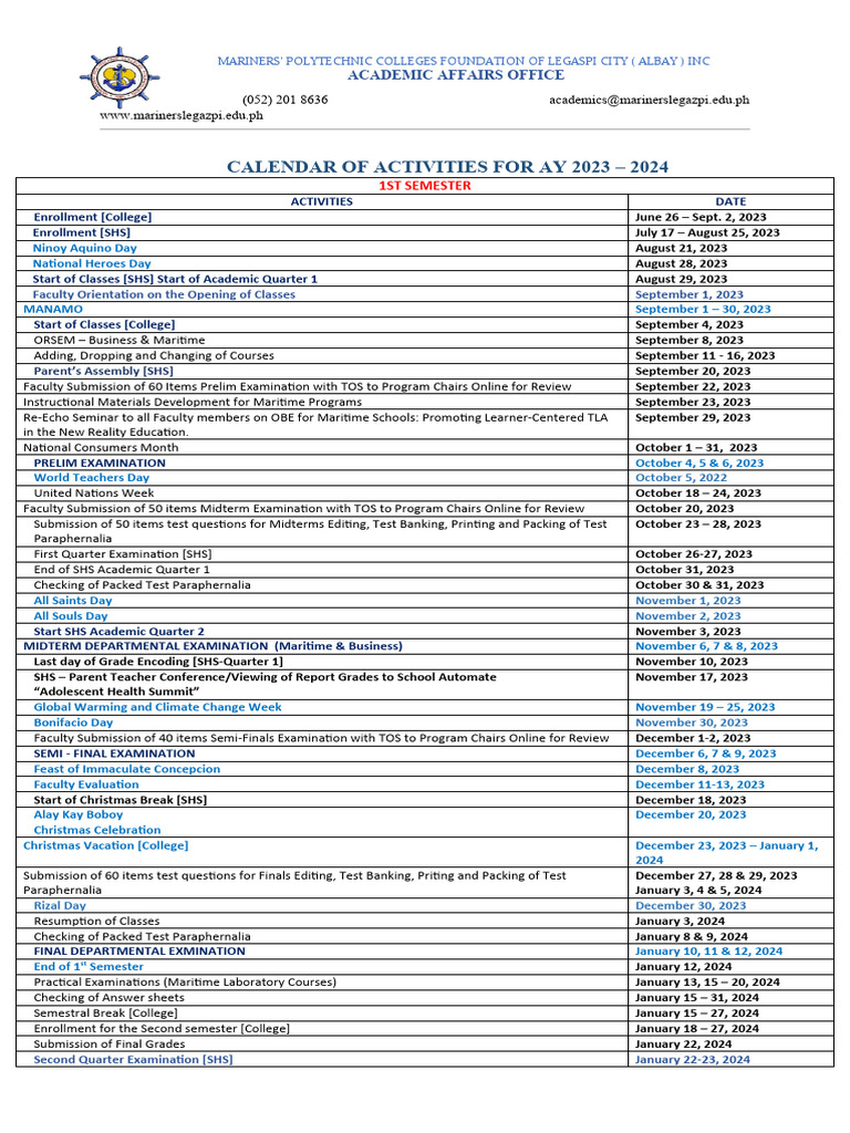CALENDAR OF ACTIVITIES 1ST SEM 2ND SEM AY 2023 2024 College and SHS | PDF | Academic Term ...