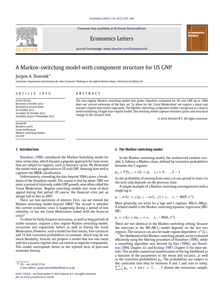 A Markov-Switching Model With Component Structure For Us GNP | PDF | Time Series | Variance