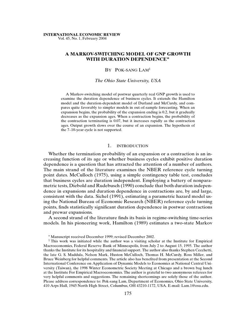 A Markov-Switching Model of GNP Growth With Duration Dependence | PDF | Markov Chain ...