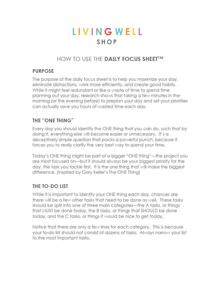 How To Use The Daily Focus Sheet | Download Free PDF | Time Management ...