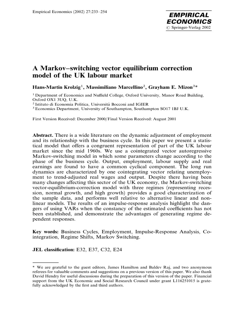 A Markov-Switching Vector Equilibrium Correction Model of The Uk Labour Market | PDF | Vector ...