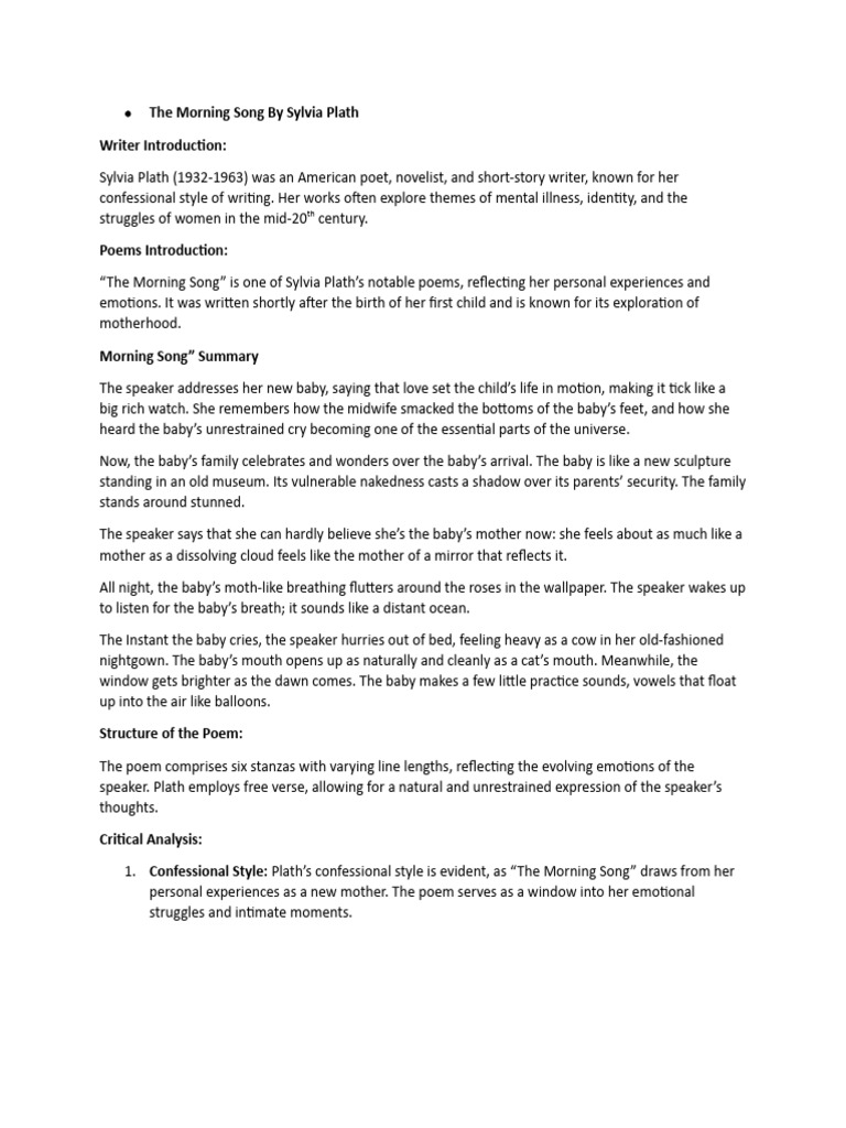 The Morning Song by Sylvia Plath Analysis | PDF | Mother | Poetry