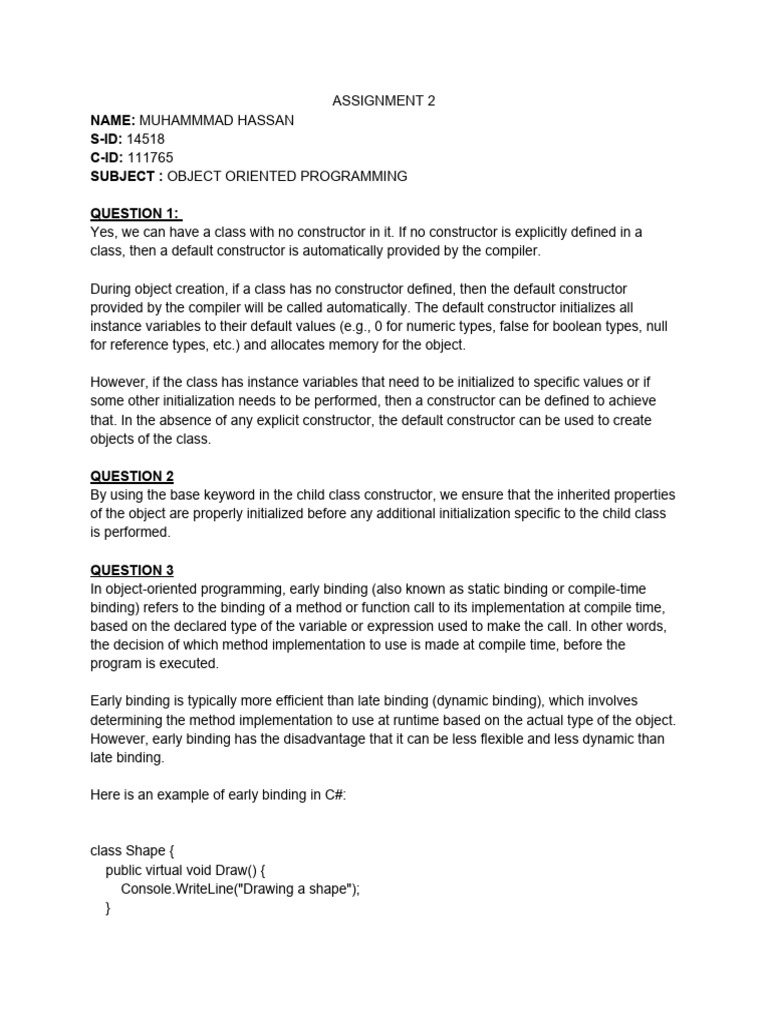 Assignment 2 Oop 111765 Muhammad Hassan 14518 Pdf Class Computer Programming Method