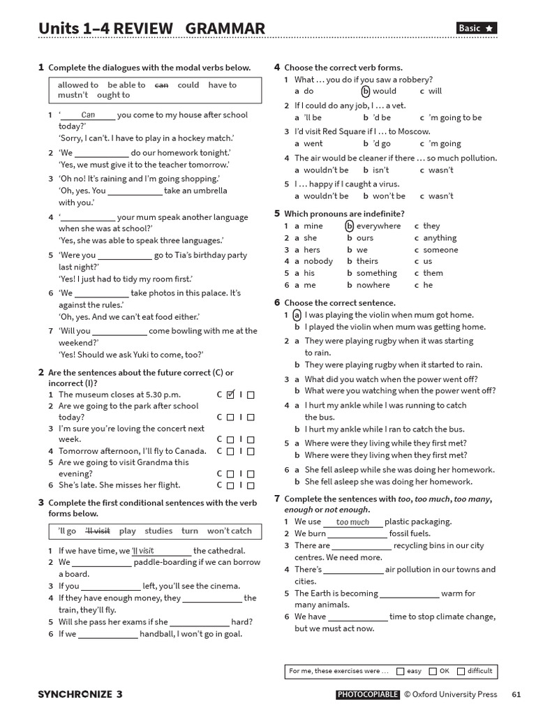 Synchronize3 TRB Worksheets Review1-4 Basic Grammar | PDF | Language Mechanics | Linguistic Typology