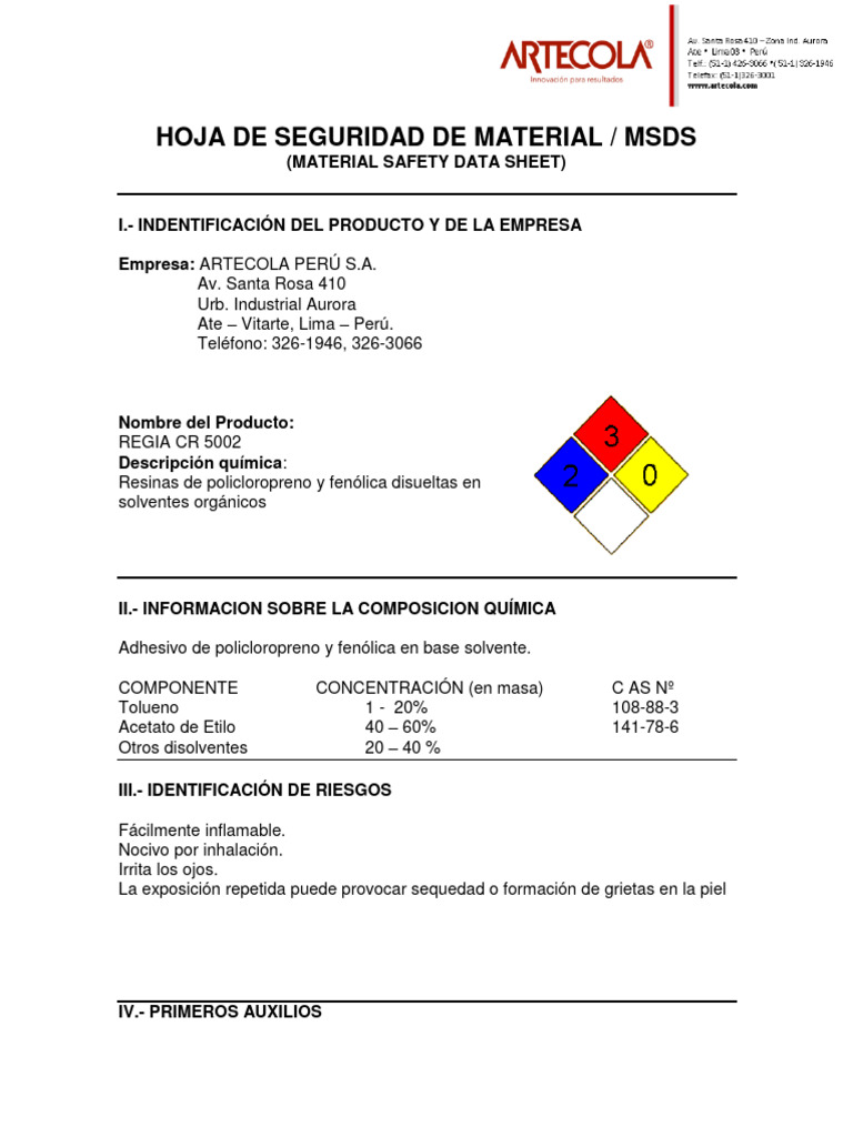 MSDS-002 Pegamento Regia CR 5002 | PDF | Residuos | Agua