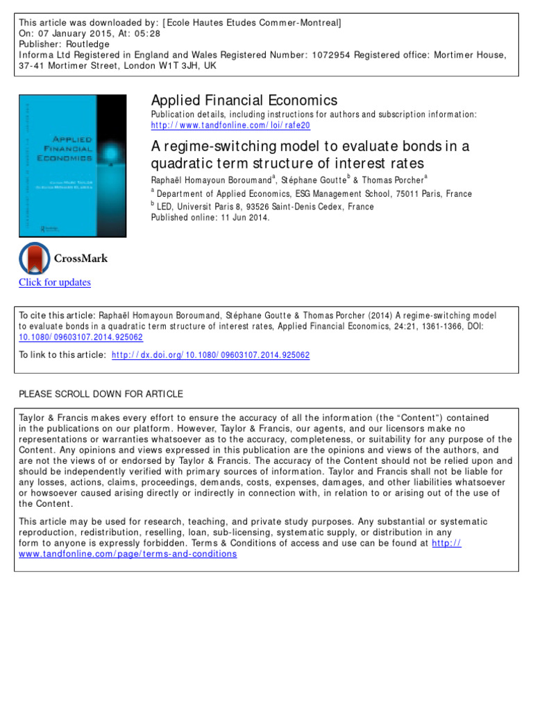 A Regime Switching Model To Evaluate Bonds In A Quadratic Term Structure Of Interest Rates Pdf