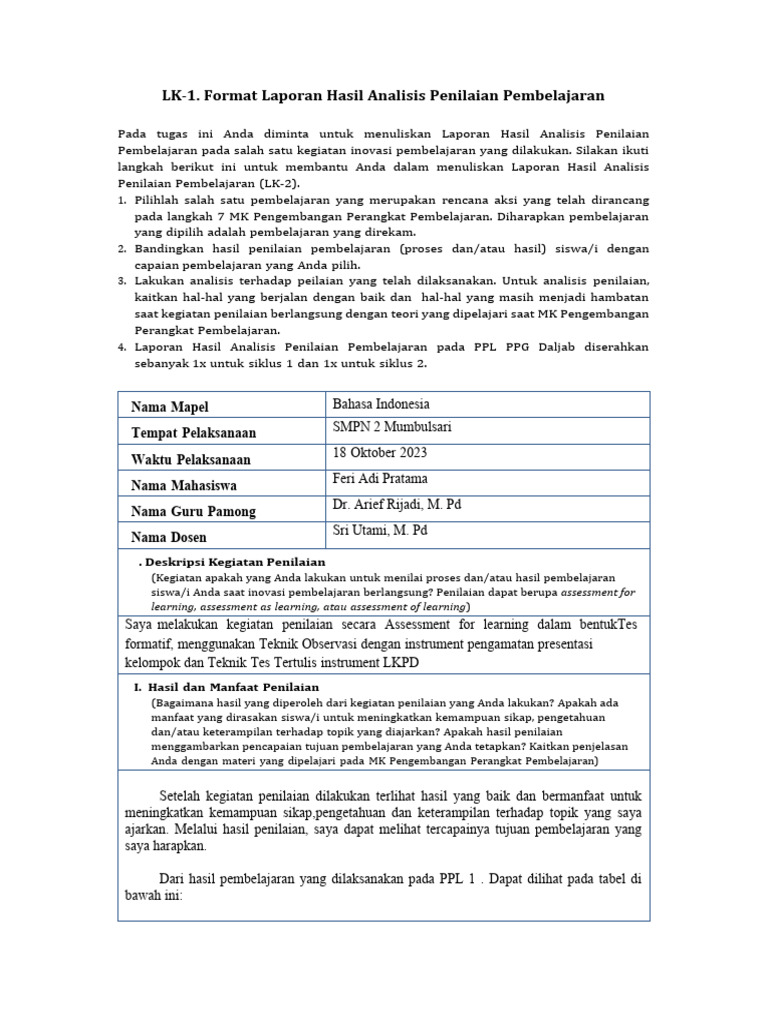 LK-1. Format Laporan Hasil Analisis Penilaian Pembelajaran | PDF