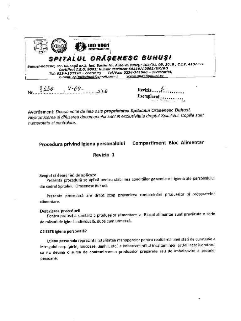 Procedura Privind Igiena Personalului Bloc Alimentar. | PDF
