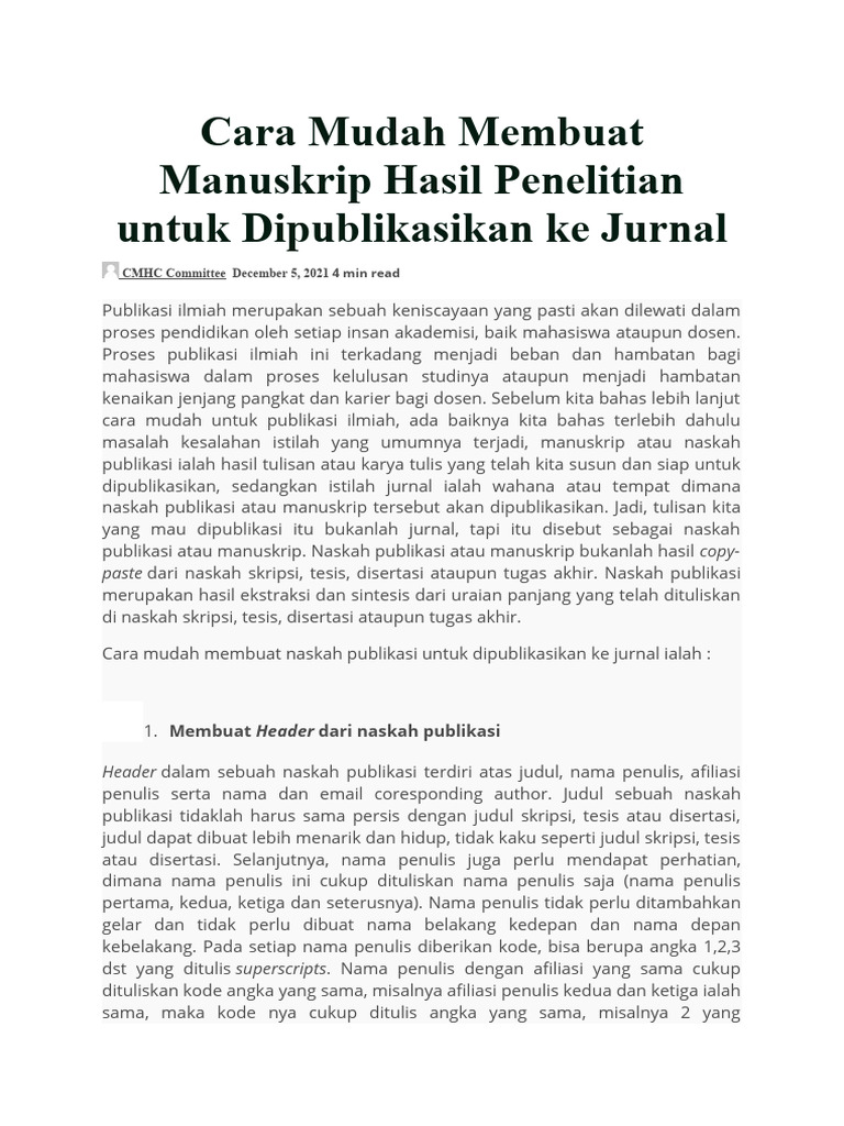 Cara Mudah Membuat Manuskrip Hasil Penelitian Untuk Dipublikasikan Ke Jurnal | PDF