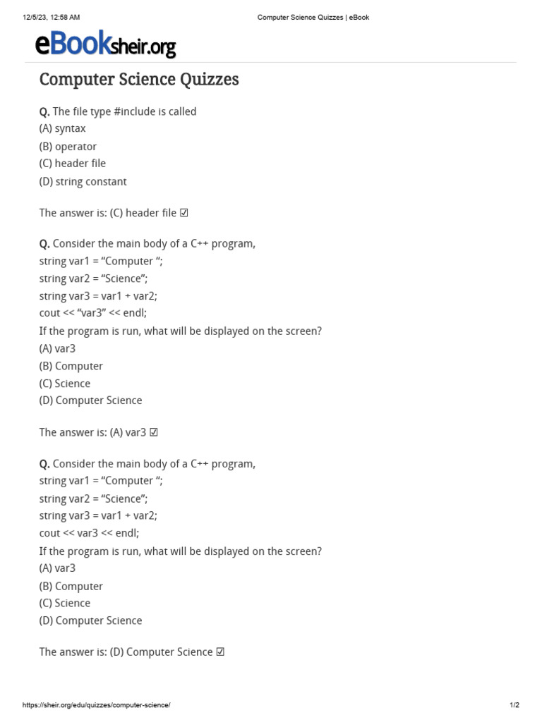 Computer Science Quizzes - Ebook | PDF