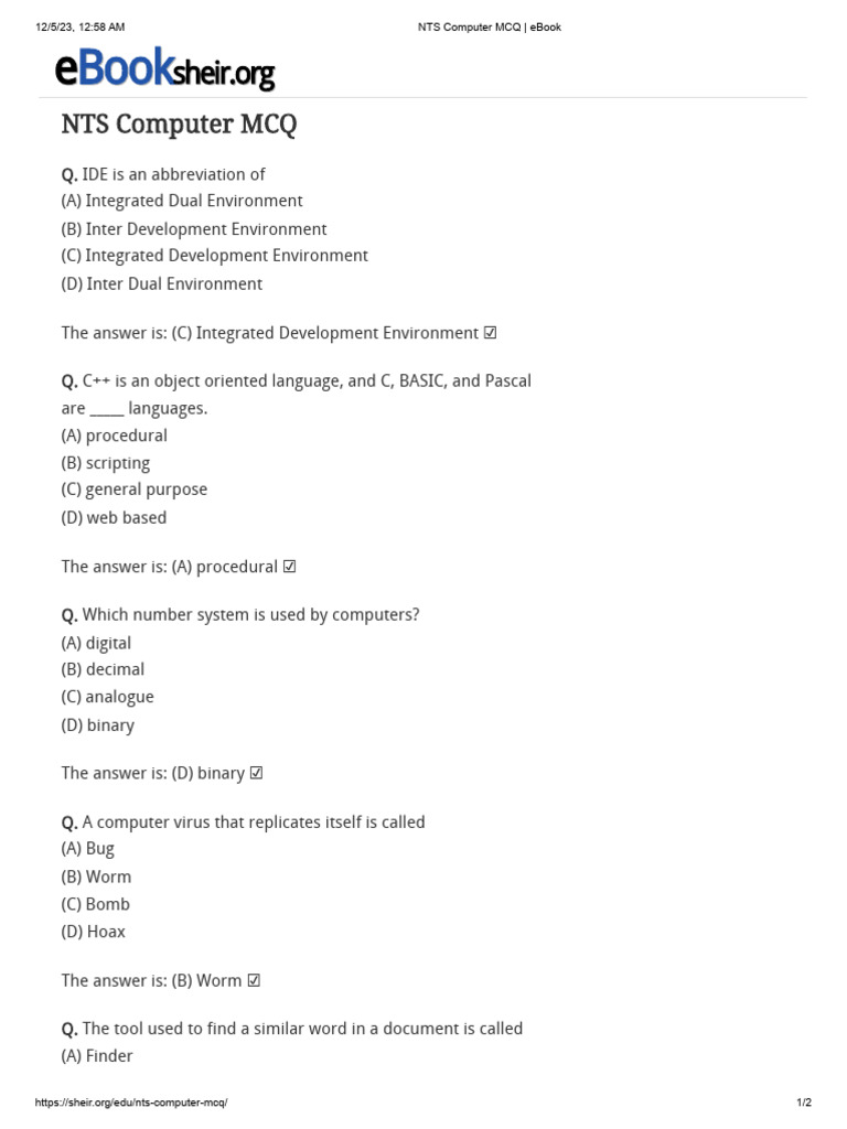 NTS Computer MCQ - Ebook | PDF
