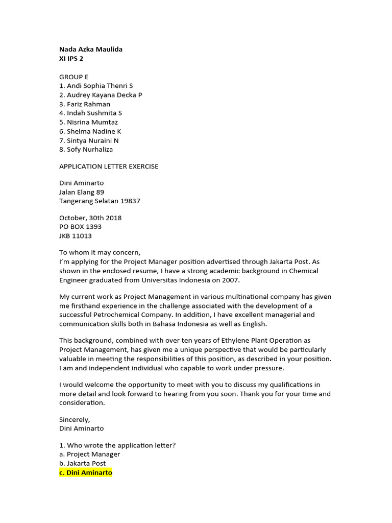 B Ing Application Letter | PDF