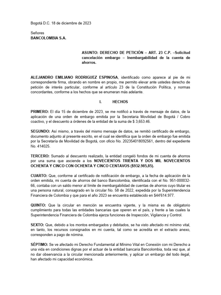 Solicitud de Desembargo en Bancolombia | PDF | Bancos