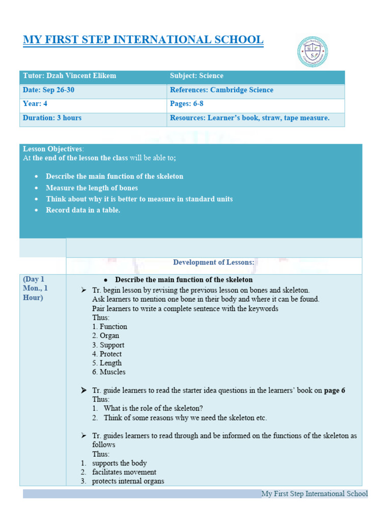 3rd Week Lesson Plan (Grade 6) | PDF | Skeleton | Cognition