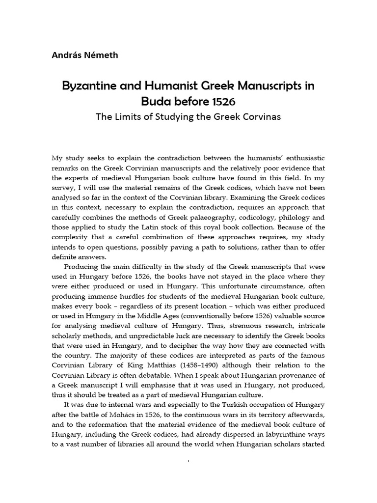 Andras Nemeth Byzantine and Humanist Greek Manuscripts in Buda Before ...