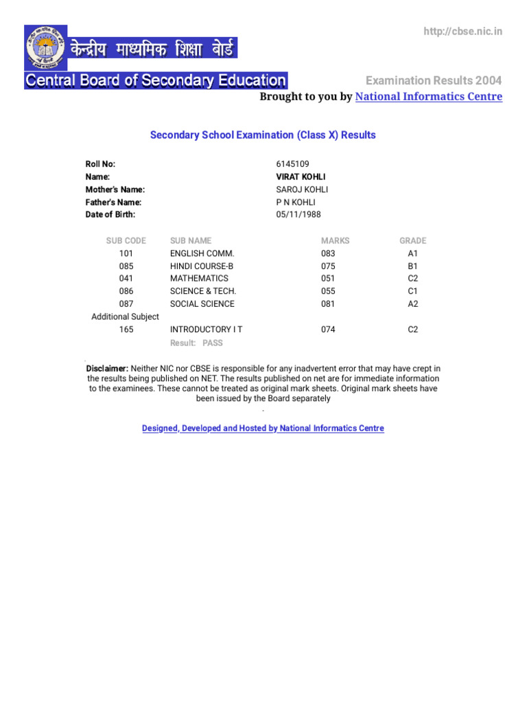 CBSE 10th Results Virat Kohli | PDF