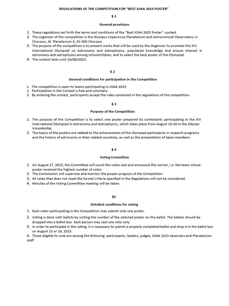 Best Poster Contest Regulations | PDF | Voting | Astronomy