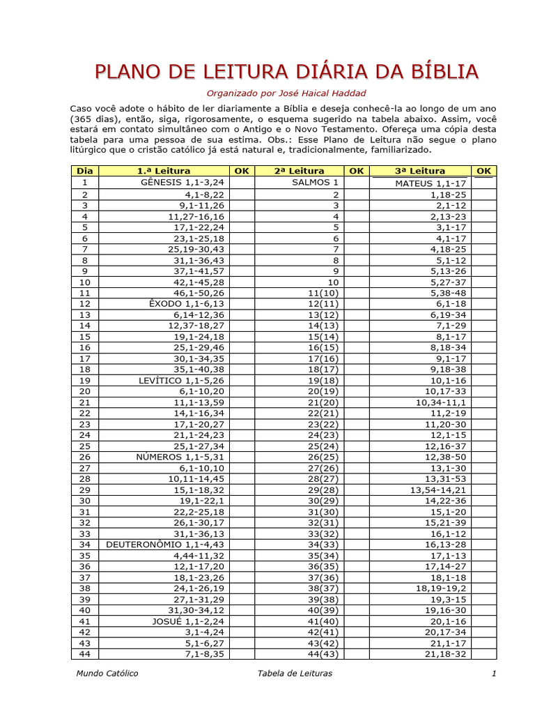 Plano de Leitura Diária Da Bíblia | PDF | Bíblia | Igreja católica