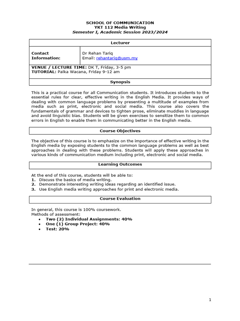 YKT 112 - Media Writing (Course Outline) | PDF | Communication | Mass Media