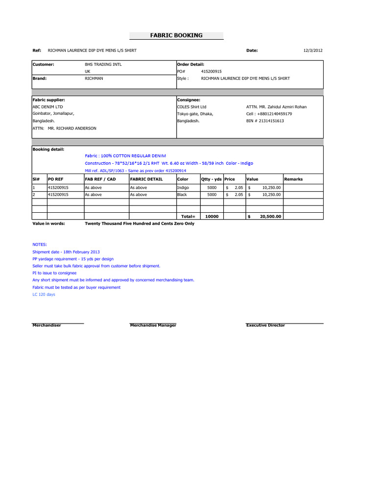 Fabric Booking Order for Richman Shirt | PDF