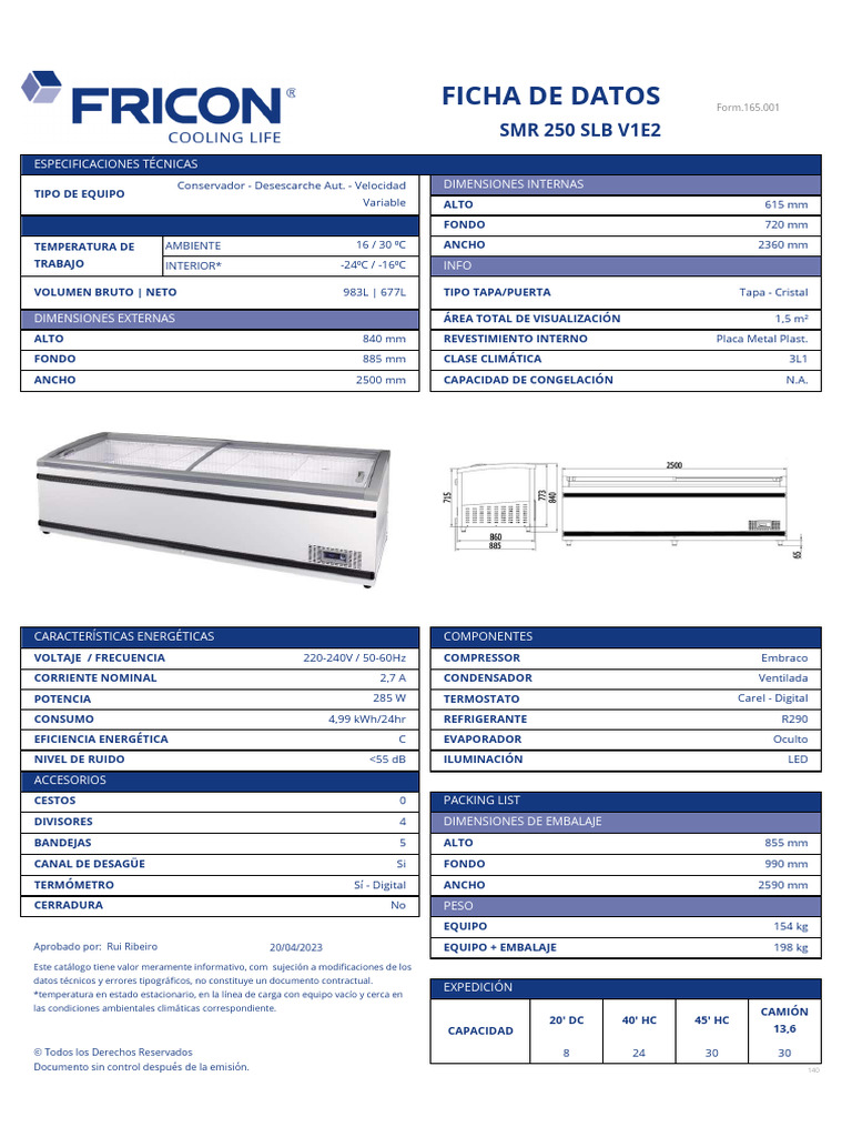 FICHA DE DATOS - SMR 250 SLB V1E2 - 220-240V - 50-60Hz - Embraco - R290 - Carel - Digital - ESP ...