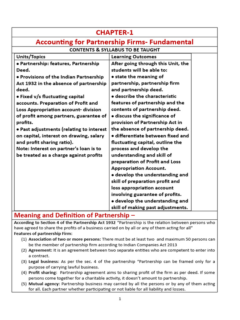 Study Material CH.-1 Fundamentals of Partnership 2023-24 | PDF | Partnership | Interest