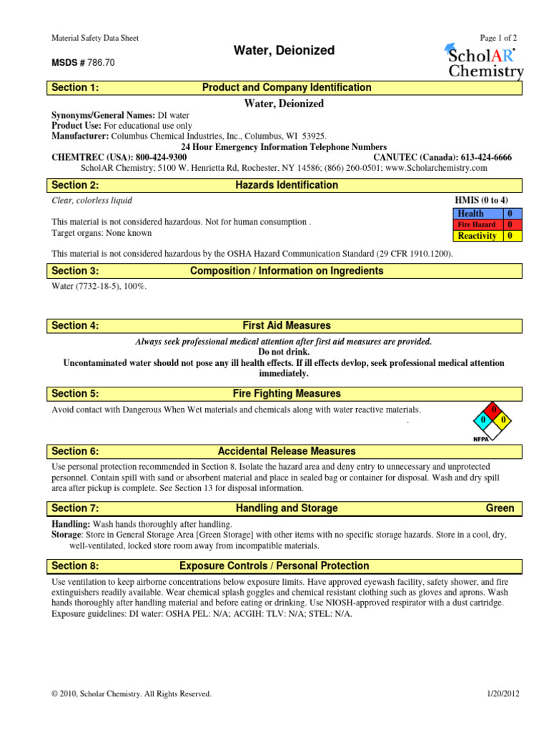 Scholar Chemistry Water Deionized | Download Free PDF | Water | Hazards