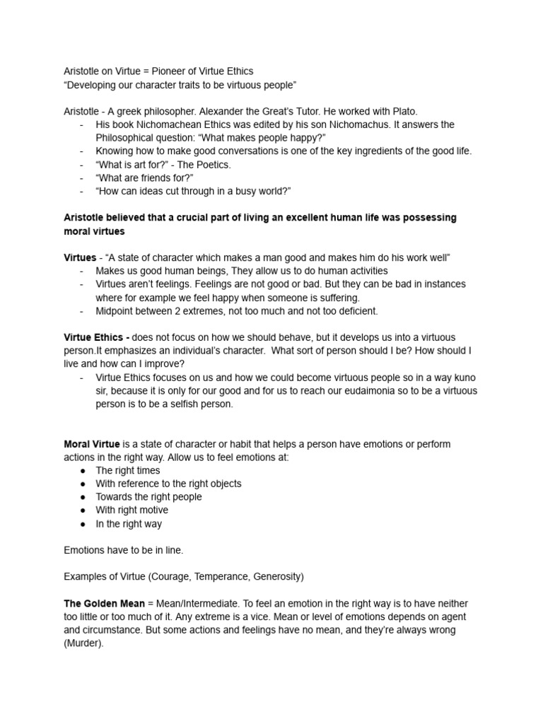 Aristotle On Virtue Pioneer of Virtue Ethics | PDF | Virtue | Virtue Ethics