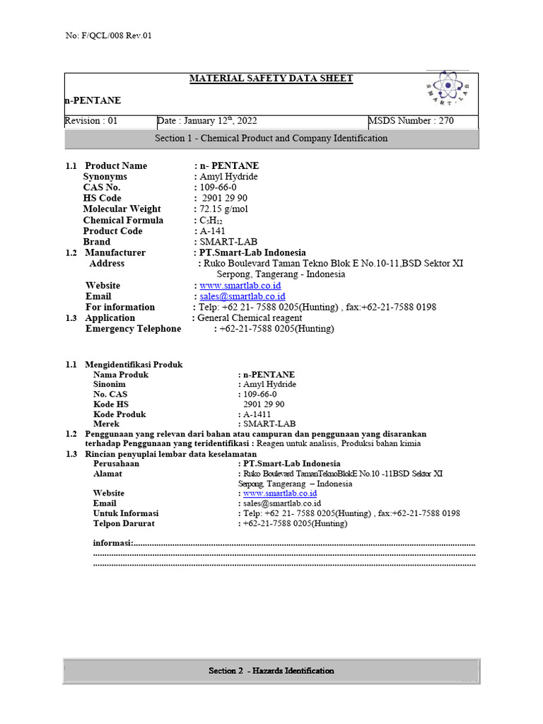 Revision: 01 Date: January 12, 2022 MSDS Number: 270 Section 1 - Chemical Product and Company ...