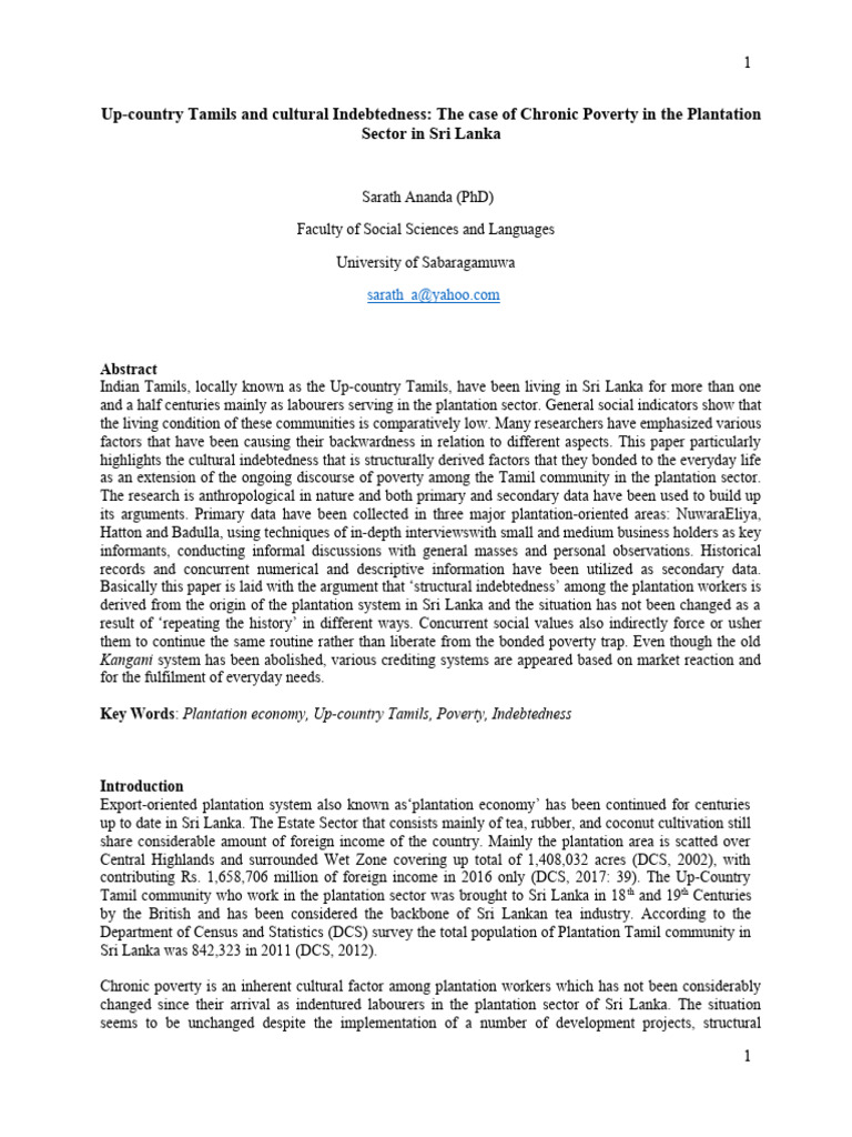 Up-Country Tamils in Debter Culture - Sarath Ananda | PDF